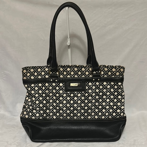 kate spade | Bags | Kate Spade Black Cream Pattern Canvas Leather Tote ...